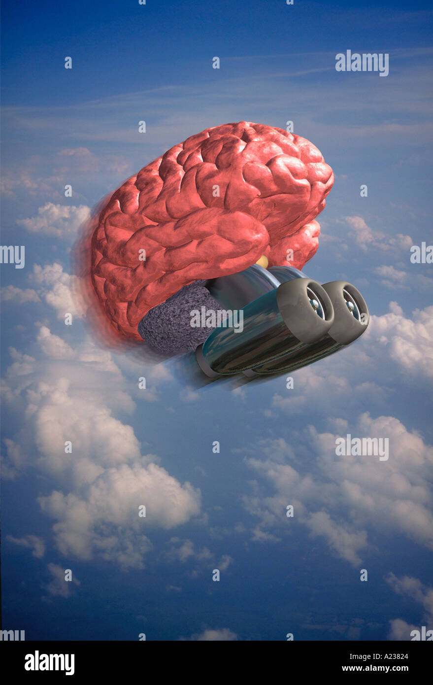 A human brain propelled through the sky and clouds by jet engines ...
