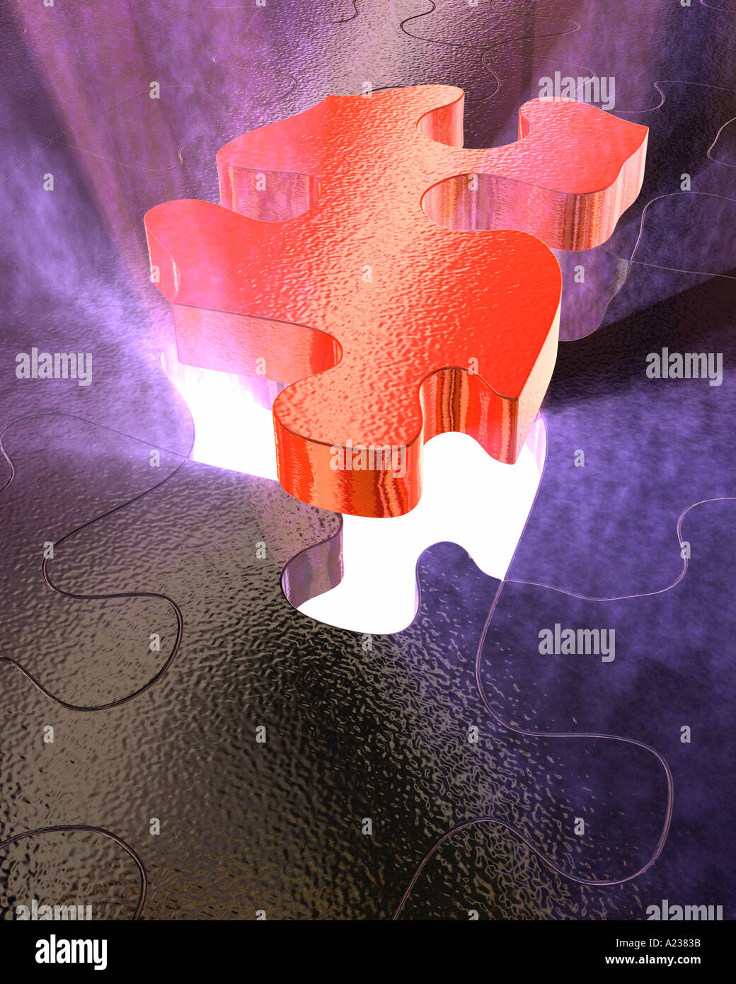 A missing puzzle piece fitting into a puzzle with light radiating ...