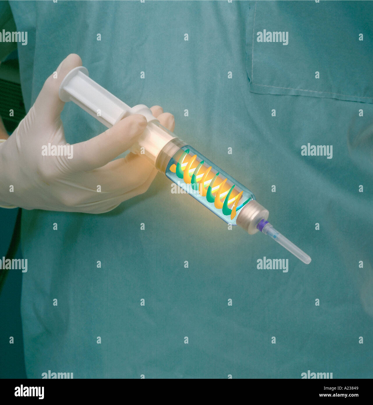 A latex gloved hand holding a hypodermic syringe with a double helix ...