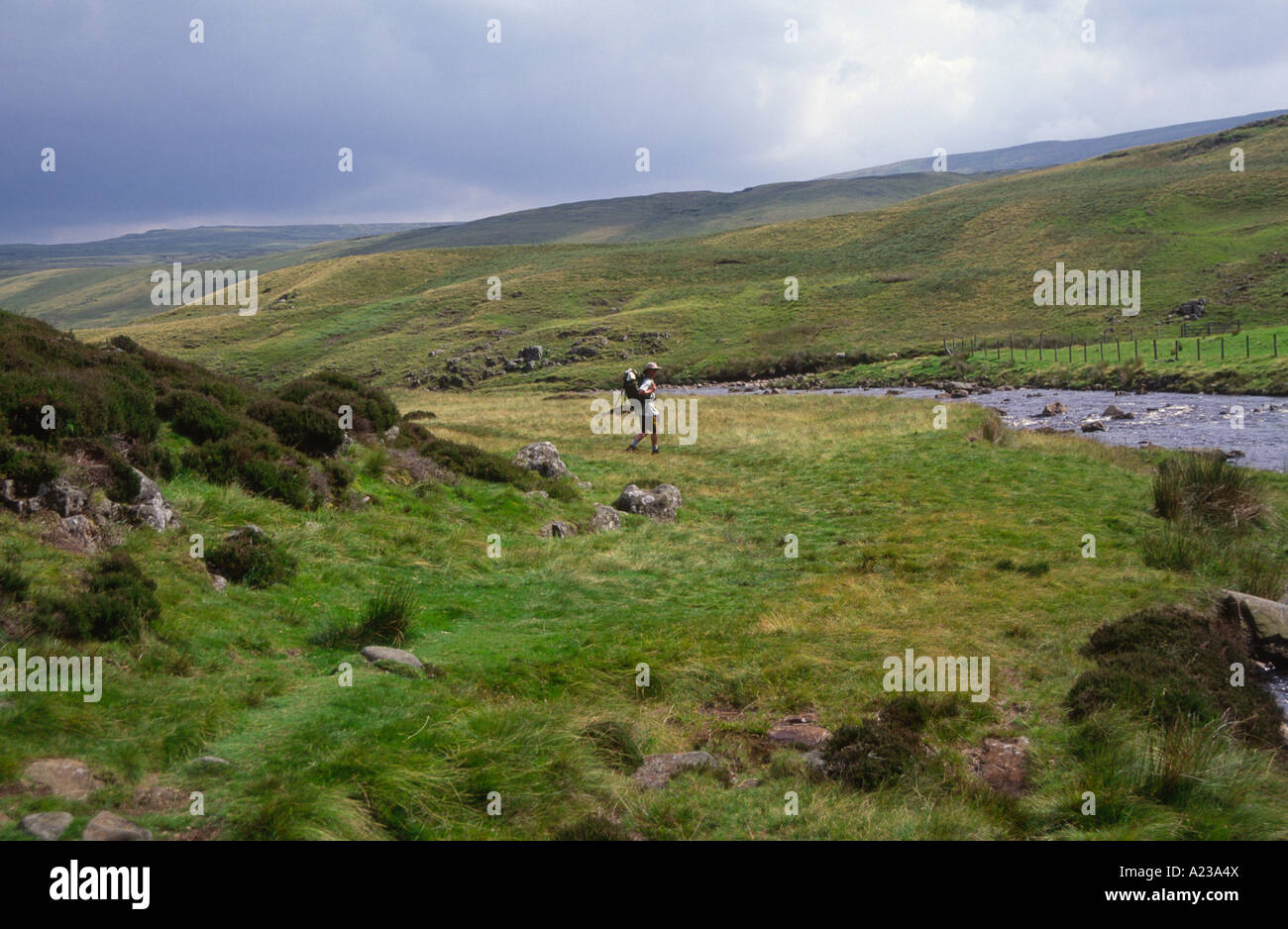 Walker on the Pennine Way, River Tees near Cauldron Snout waterfall ...