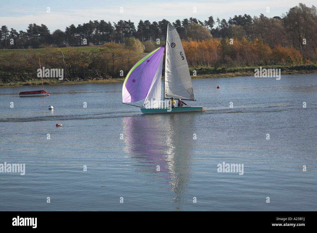 Two person sailing dinghy with jib, main sail and spinnaker River Deben ...