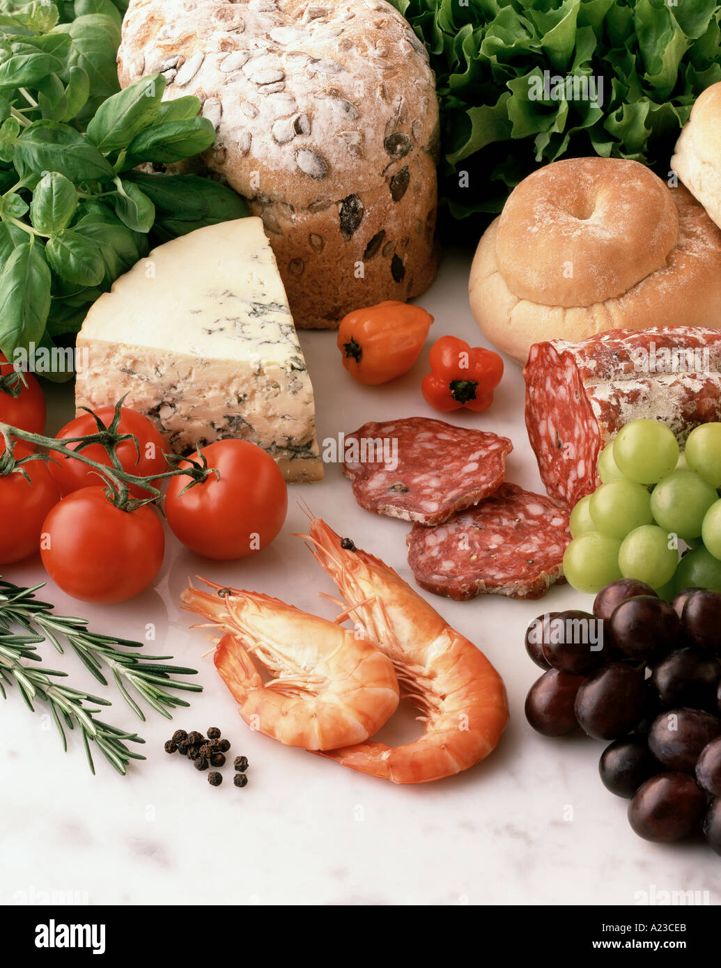 Fresh Food Ingredients Prawns Bread Stilton Salami Peppercorns Rosemary ...