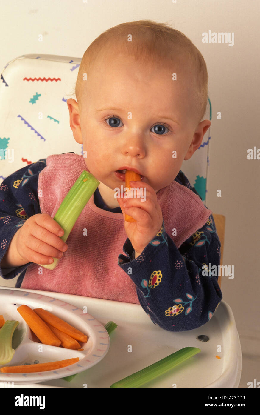 baby eating finger foods in her high chair Stock Photo - Alamy