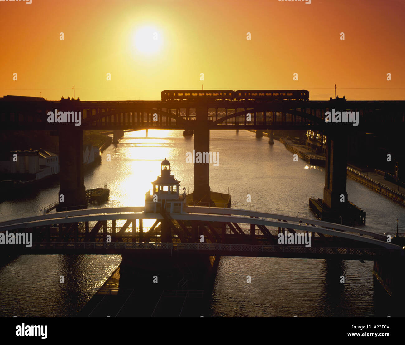 The Swing and High Level Bridges over River Tyne at sunset, Newcastle ...