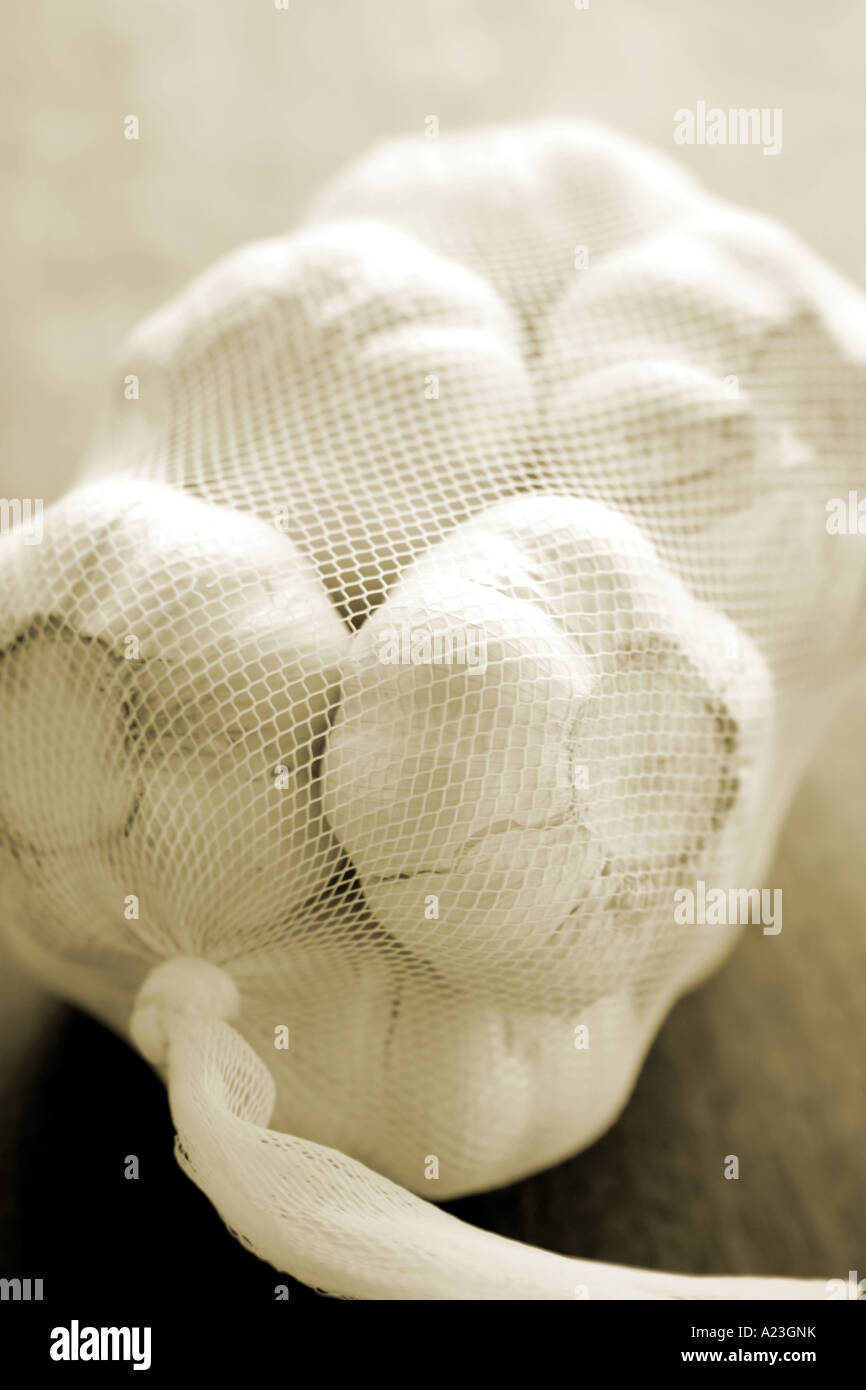 Garlic in net bag Stock Photo - Alamy