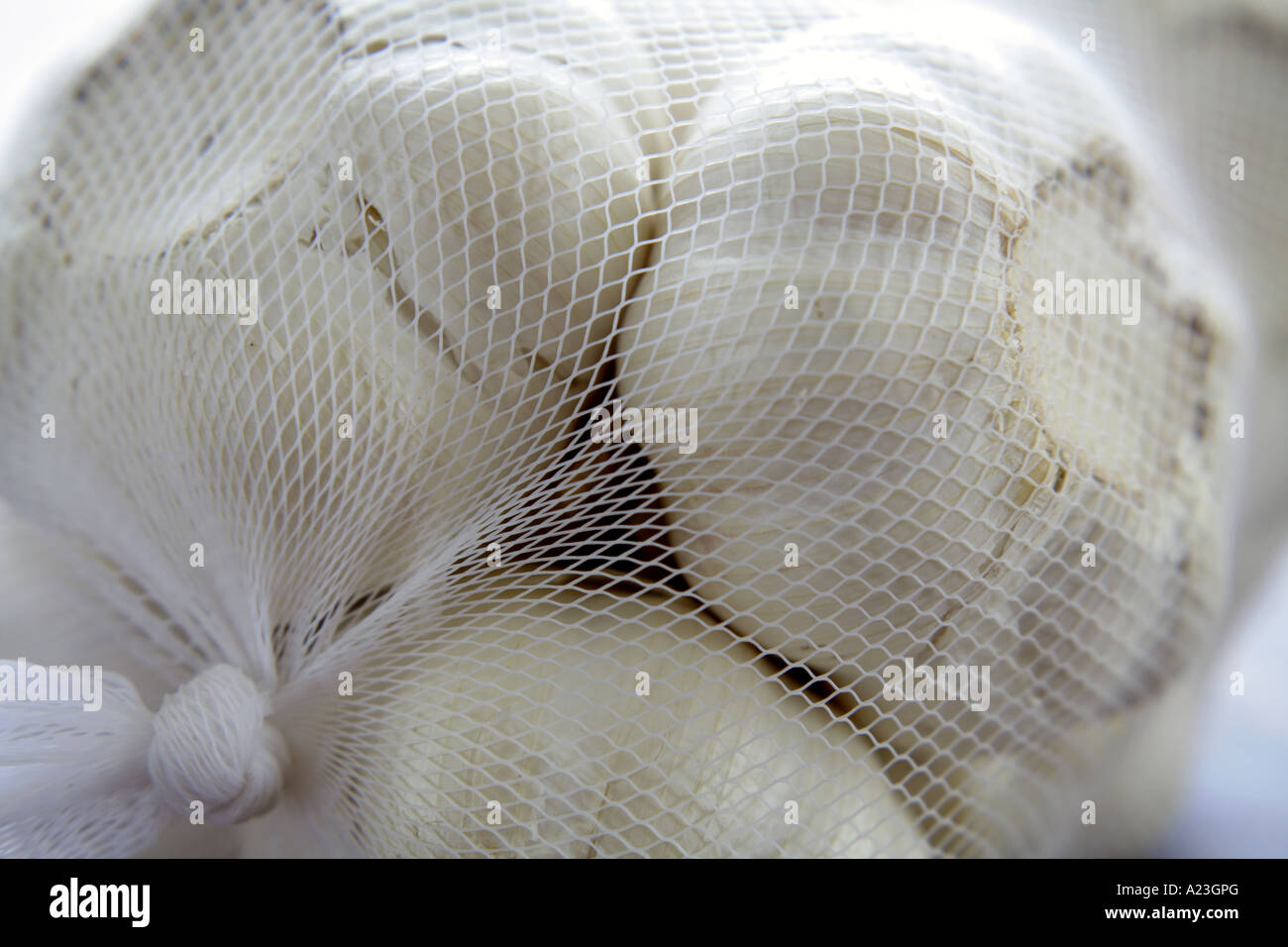 Garlic in net bag Stock Photo - Alamy