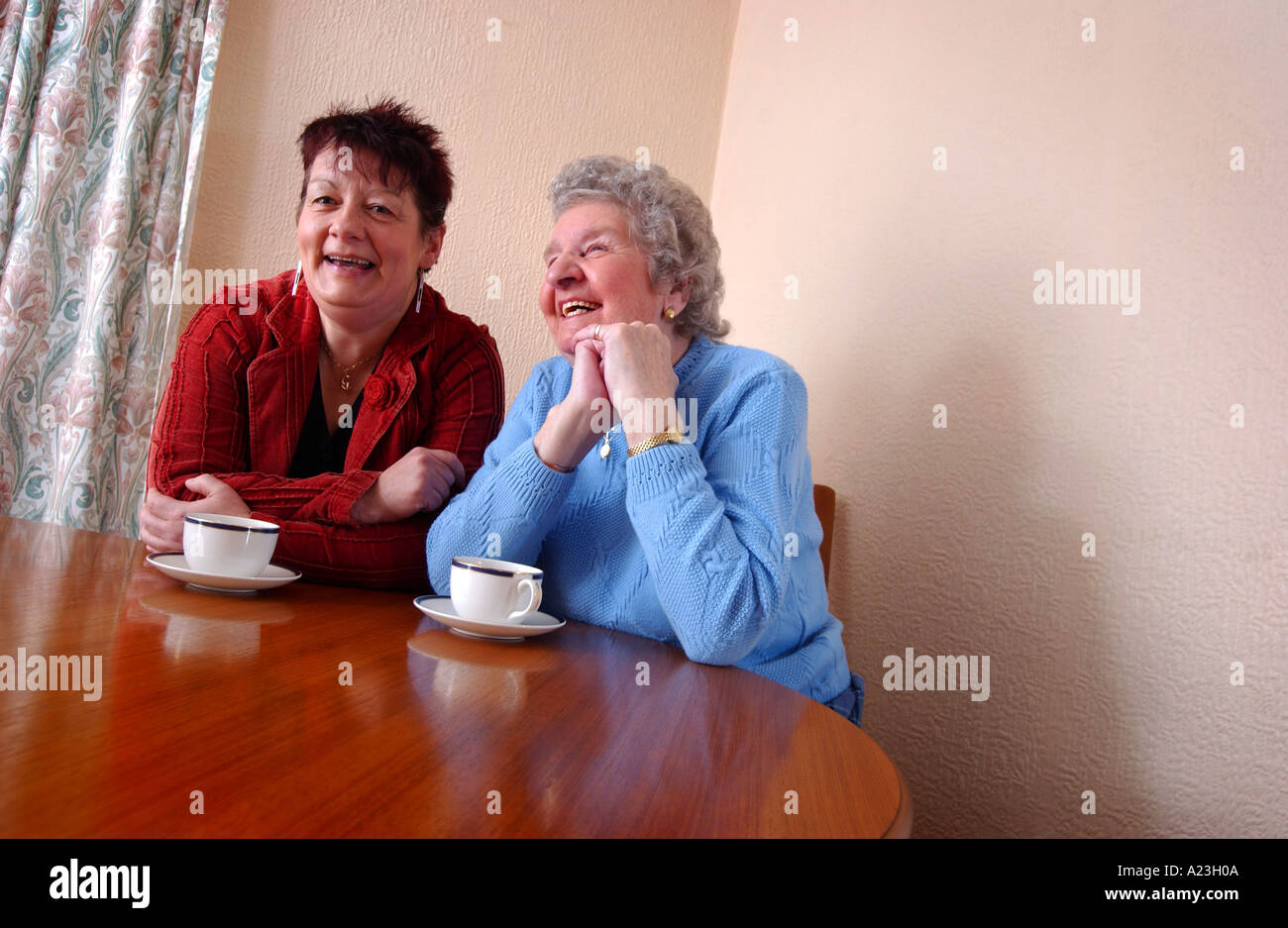 two women, old elderly and young having a chat and a cup of tea Stock ...