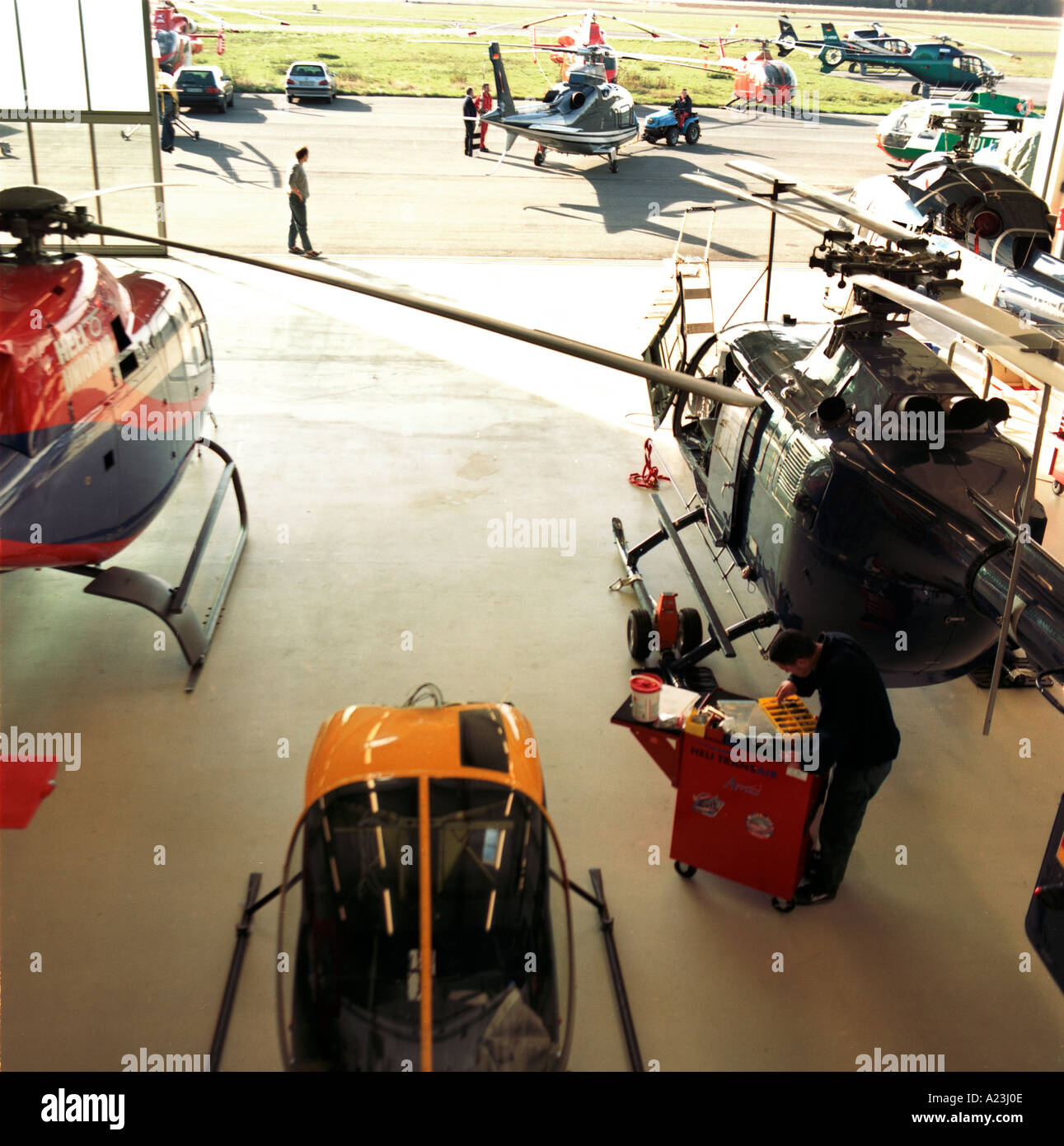 workshop at helicopter hangar Stock Photo - Alamy