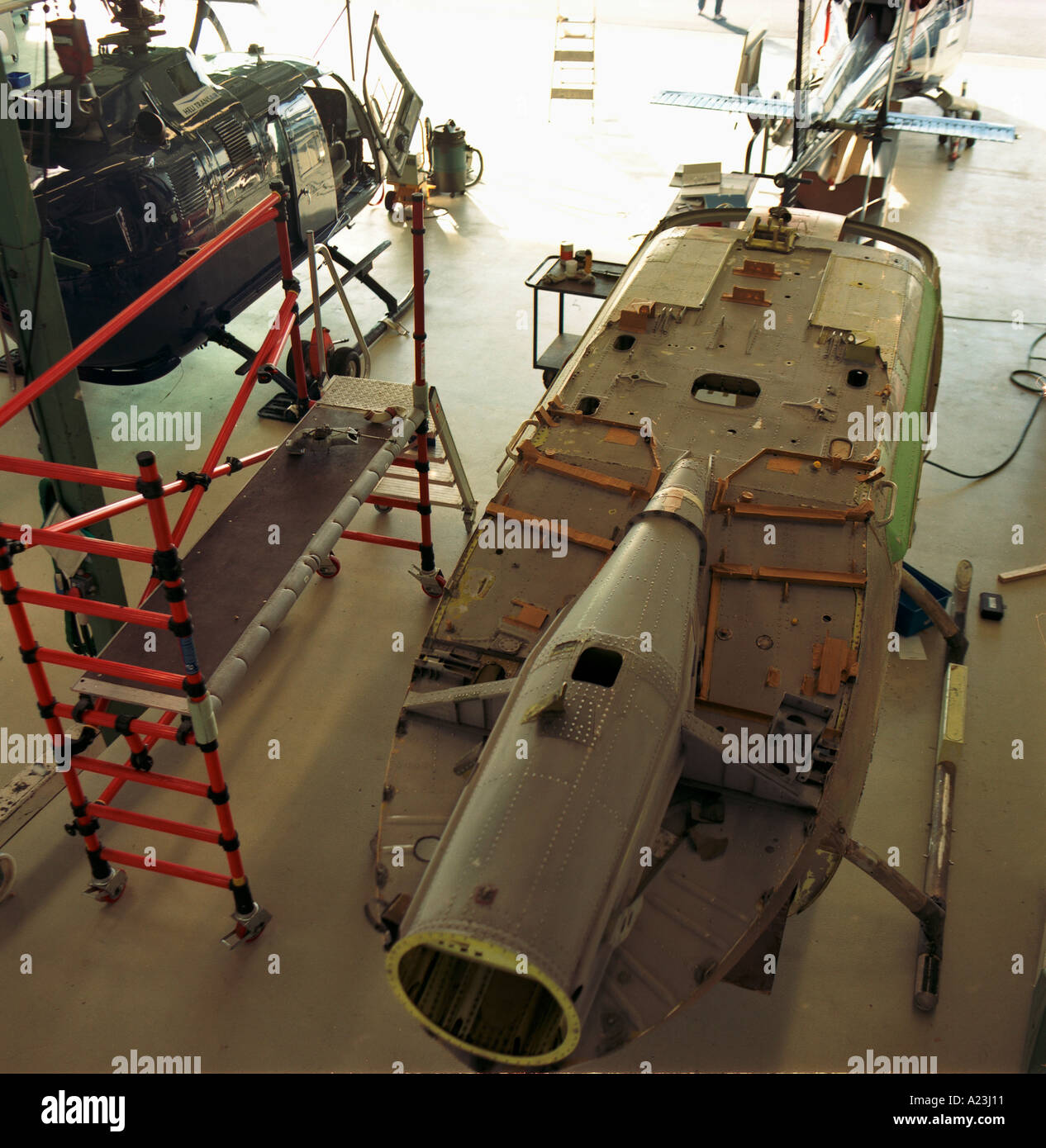 workshop at helicopter hangar Stock Photo - Alamy