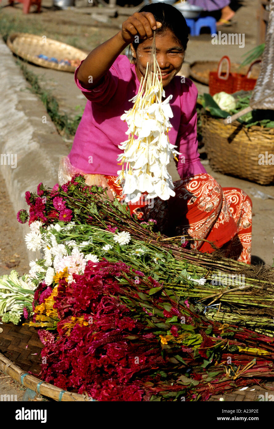 Flower market at Myitkina a river port on the Irrawaddy Ayerwaddy river ...