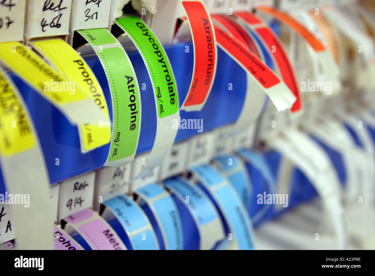 drug information stickers in anaesthetic room in hospital theatre area ...