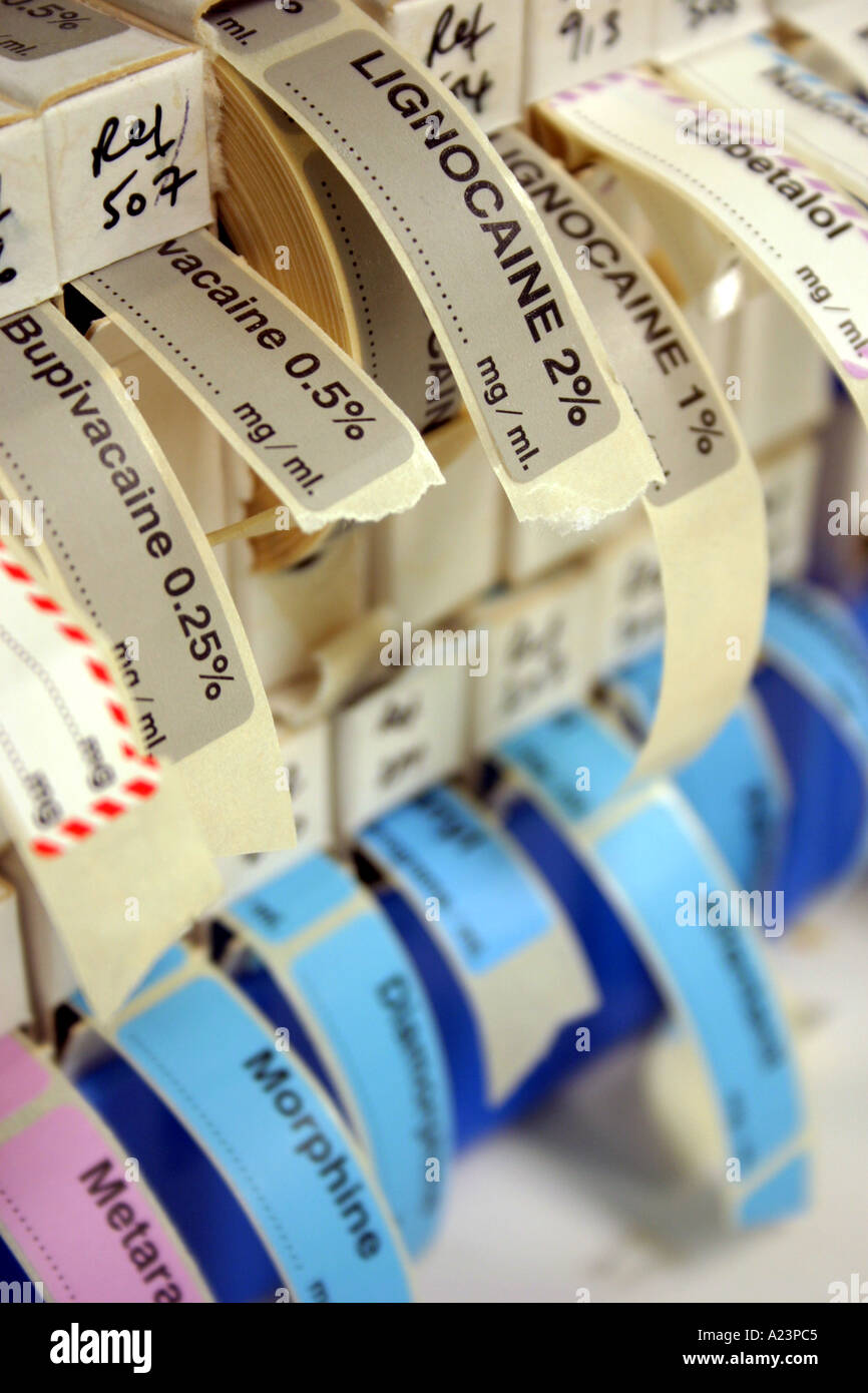 drug information stickers in anaesthetic room in hospital theatre area ...