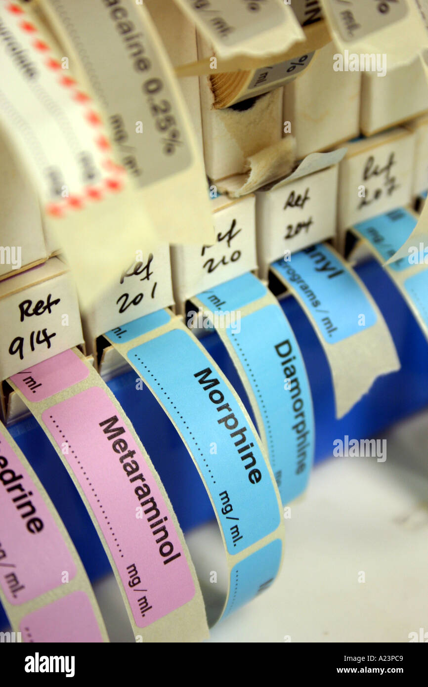 drug information stickers in anaesthetic room in hospital theatre area ...