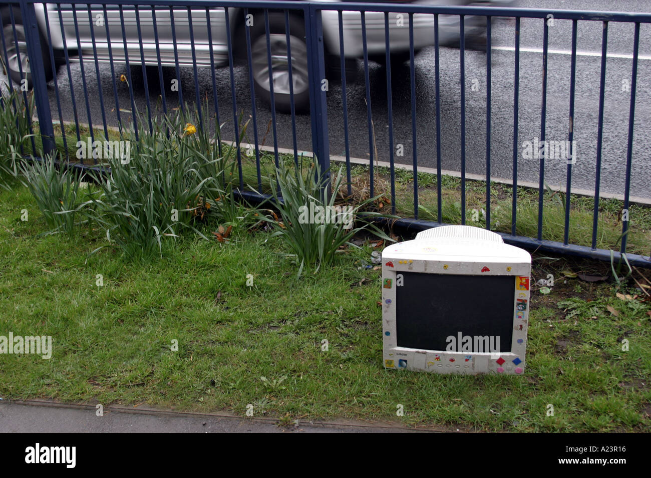 old scrap computer monitor dumped by roadside in Swansea Wales uk Stock ...