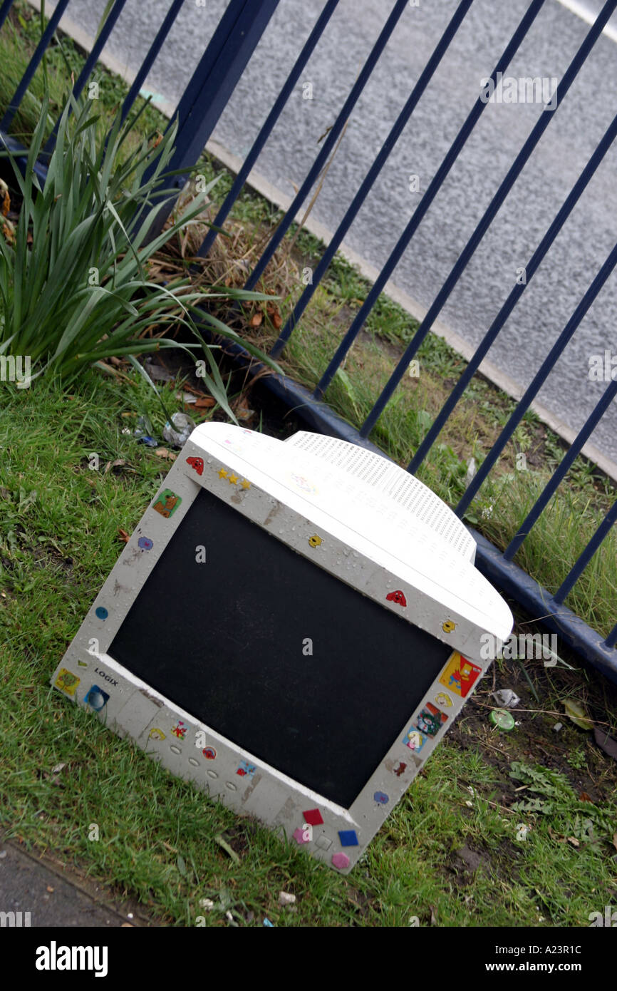 old scrap computer monitor dumped by roadside in Swansea Wales uk Stock ...