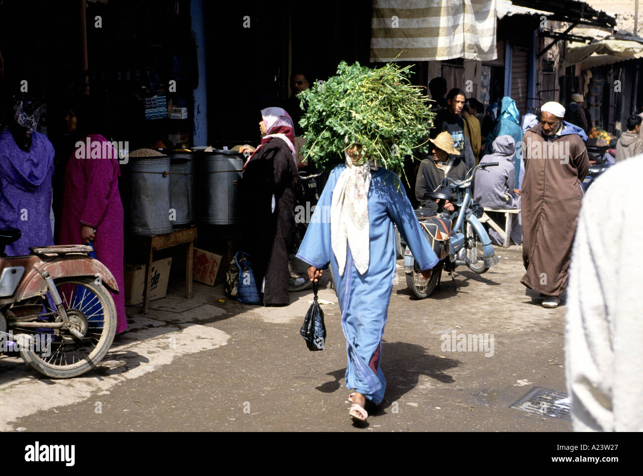 WOMAN CARRYING GREEN STUFF ON HER HEAD IN MAROCCO Stock Photo - Alamy