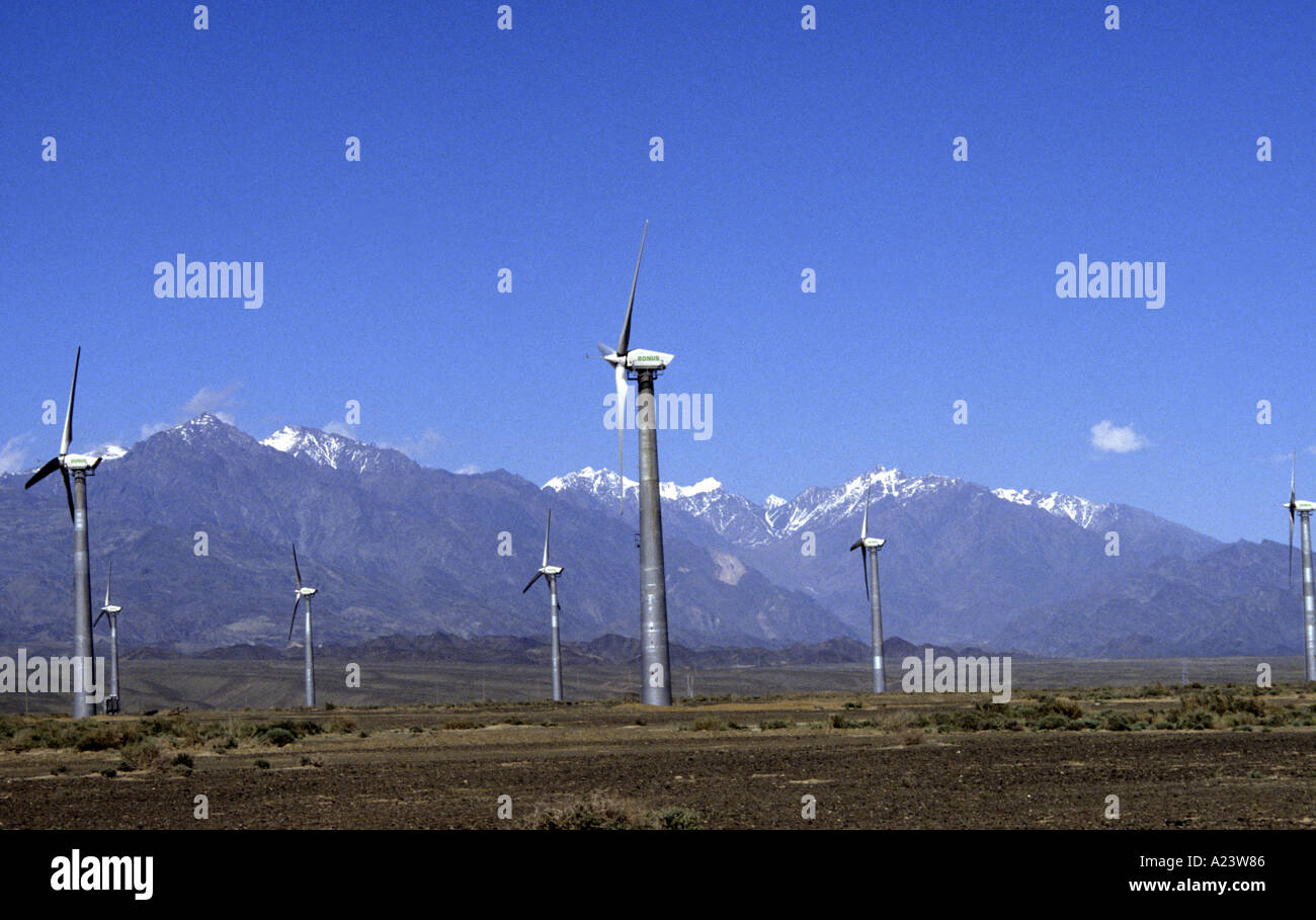 Early examples of windmills in wind farm,energy resource,in 1990 site ...
