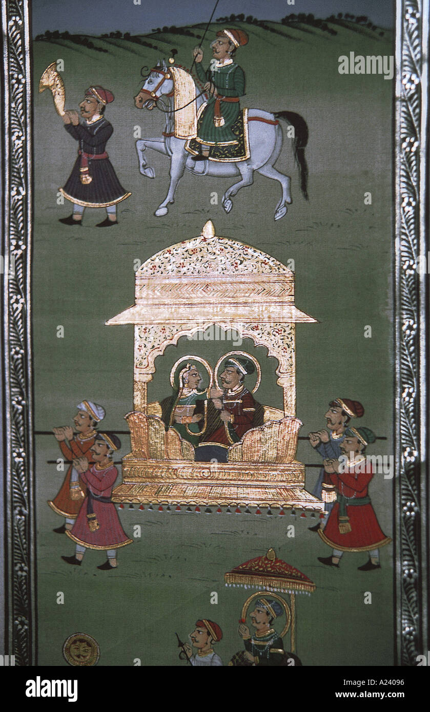 Attendants carrying the King and Queen. Rajasthani painting. India ...