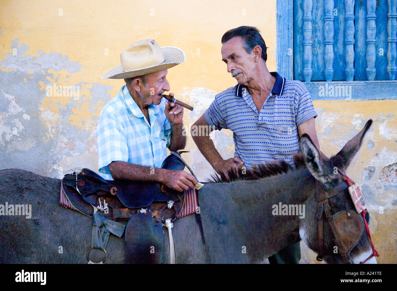 Men talking as they lean on a donkey in Trinidad, Cuba Stock Photo - Alamy