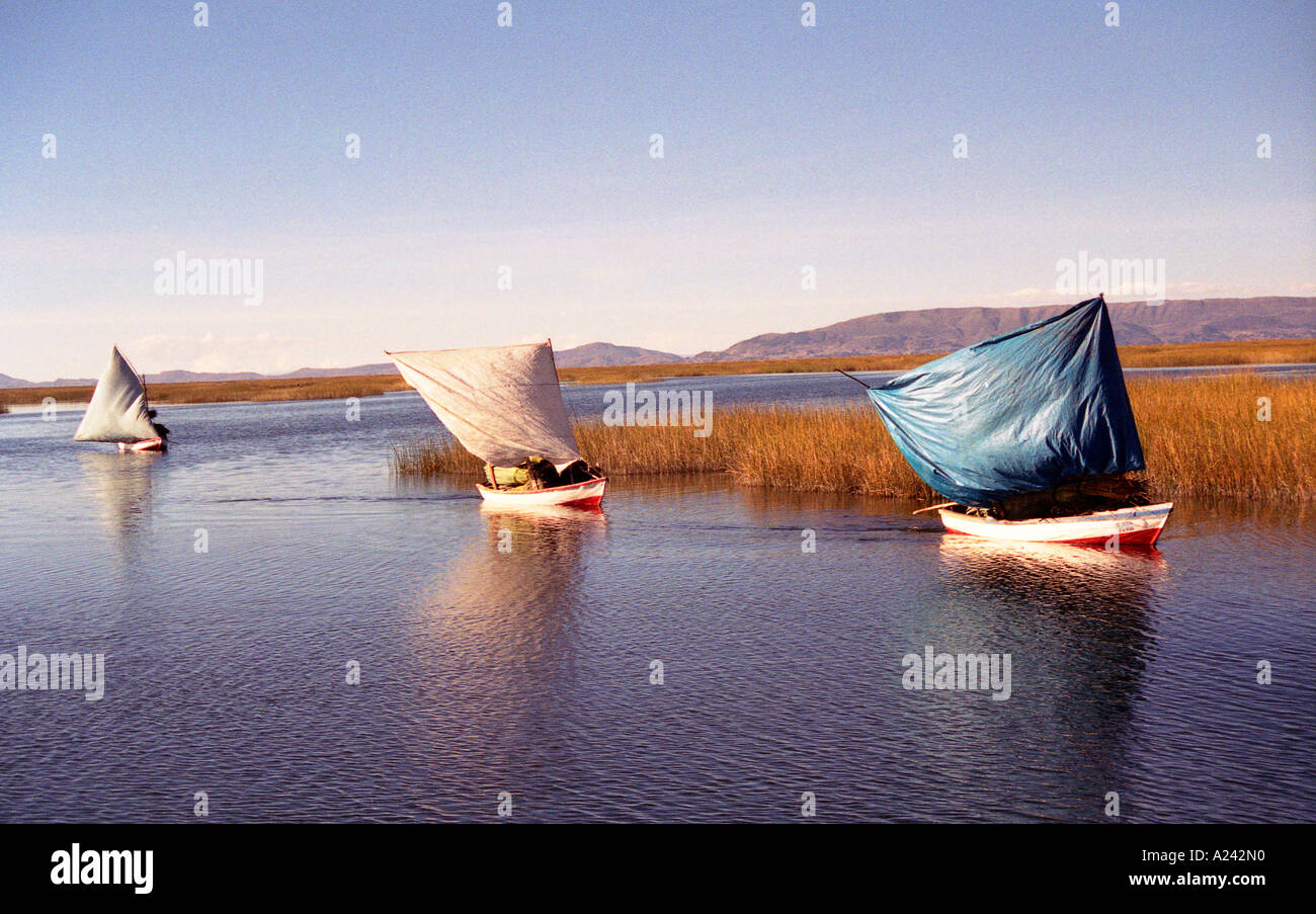 Three sail boats, the Floating Islands, Islas Flotantes, Lake Titicaca ...