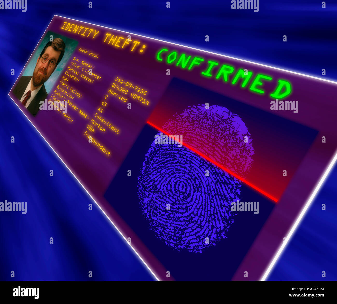 A virtual reality display confirming identity theft showing a ...