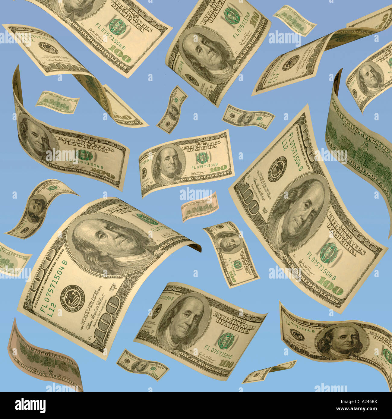 One hundred dollar bills floating against a blue sky Stock Photo - Alamy