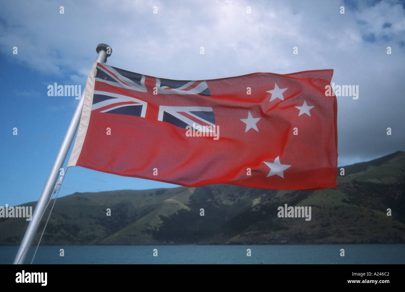 The New Zealand Red Ensign flies at the stern of a passenger boat ...