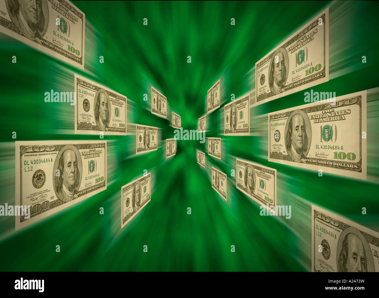 100 dollar bills flying through a green vortex possibly representing ...