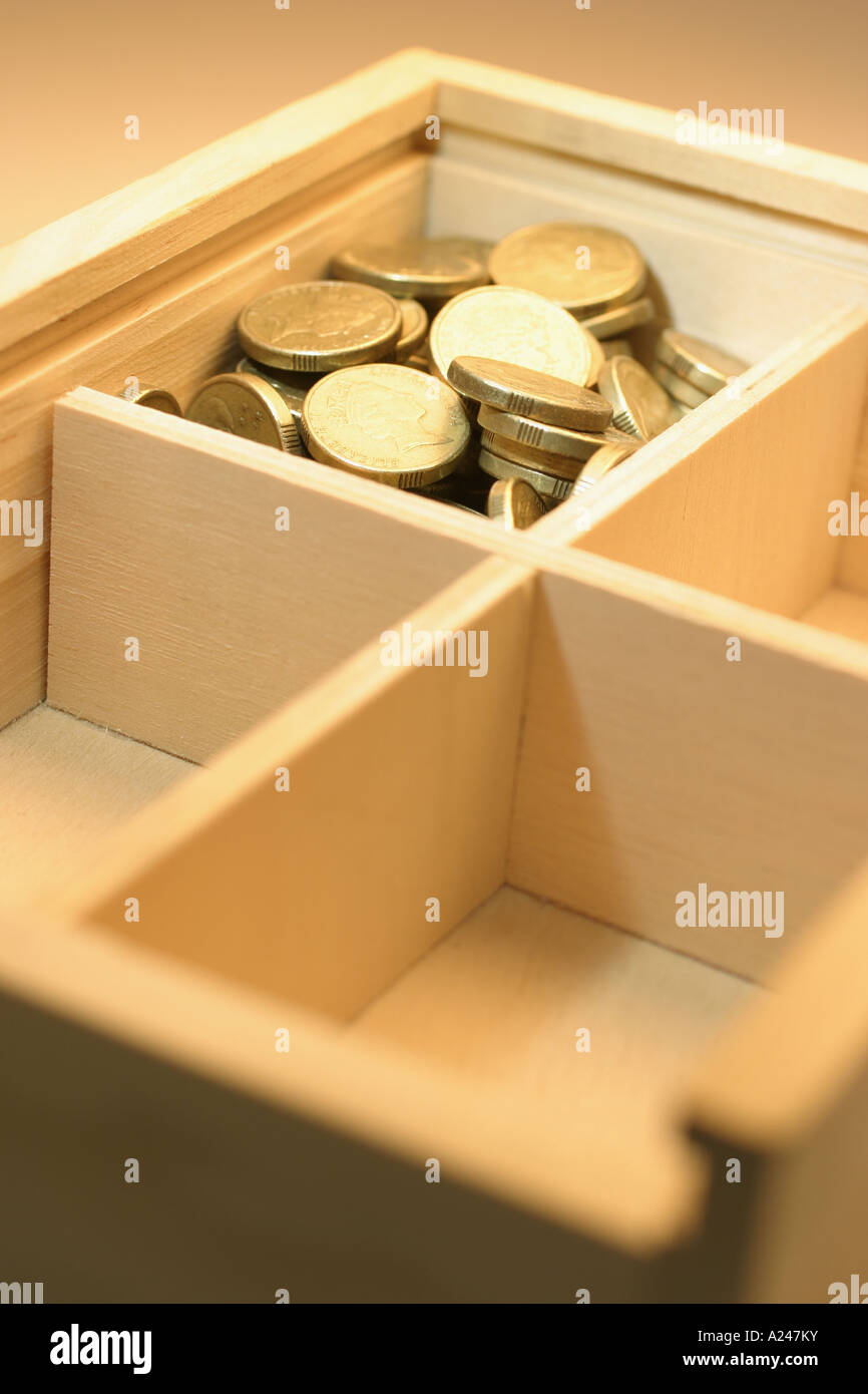 Coins in Wooden Box Stock Photo - Alamy