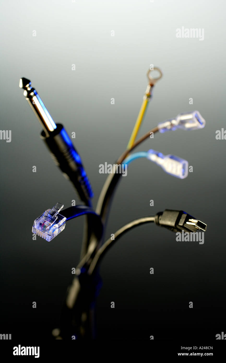 Computer USM Audio and Electronic Cables bunched together with blue ...