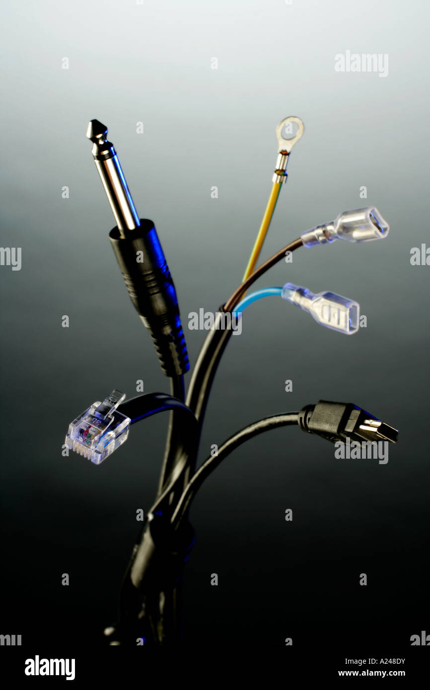 Computer USM Audio and Electronic Cables bunched together with blue ...