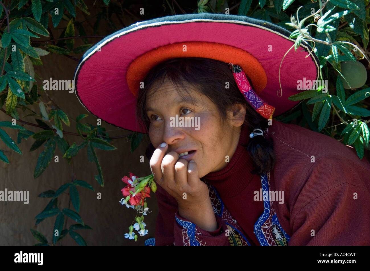 A head and shoulder portrait of a smiling local Hispanic Peruvian woman ...