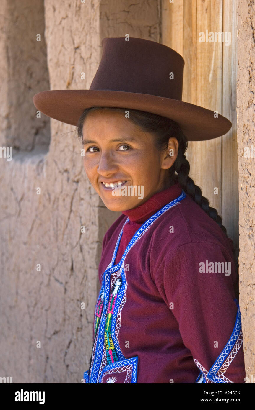 A head and shoulder portrait of a smiling local Hispanic Peruvian woman ...