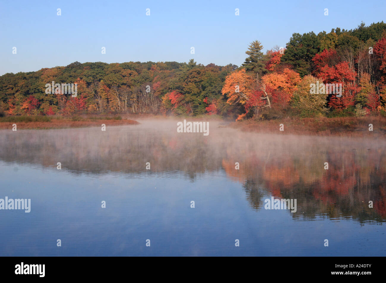 Mist rising off the Assabet River in October Stock Photo - Alamy