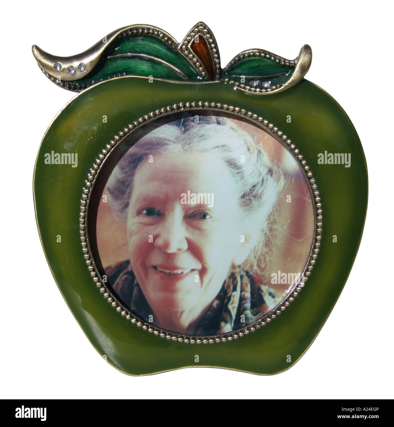 Apple shaped frame with photo of elderly lady This image has a clipping ...
