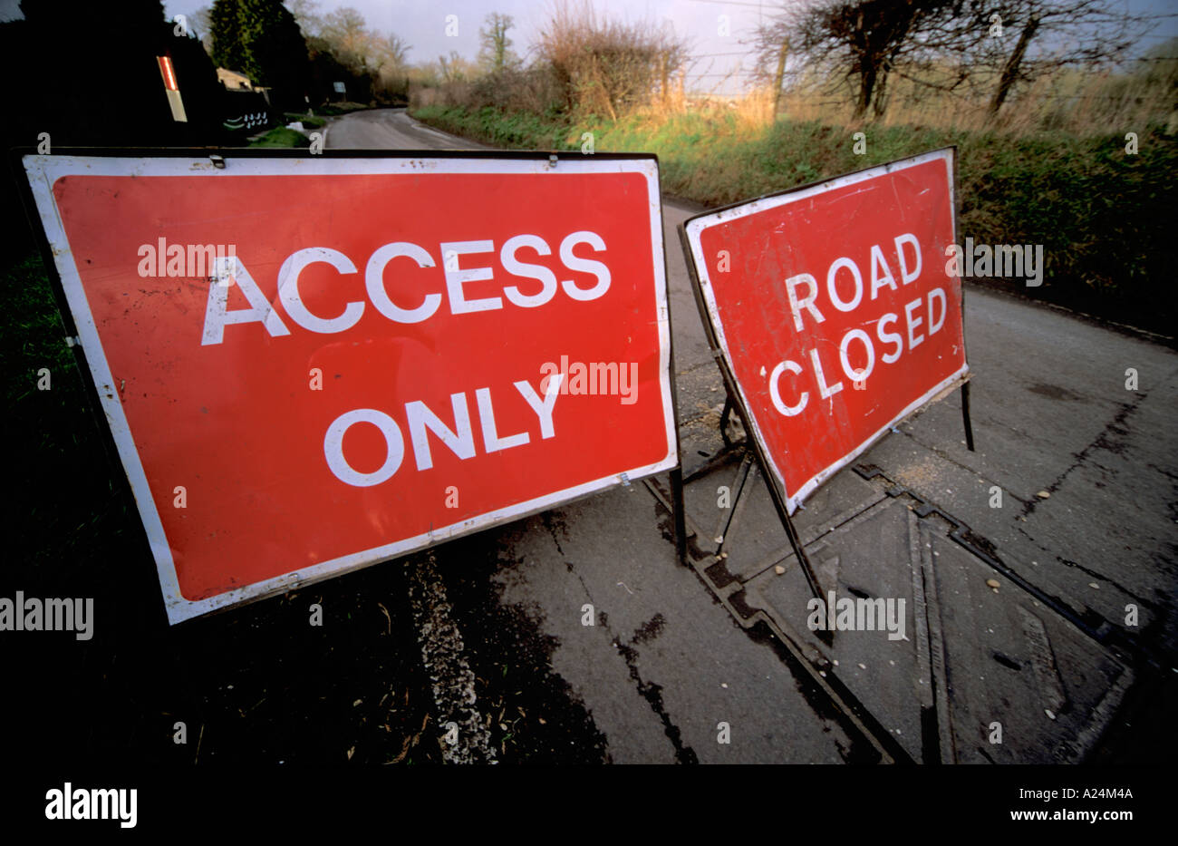 Access only road closed red signs road works up restricted no entry ...