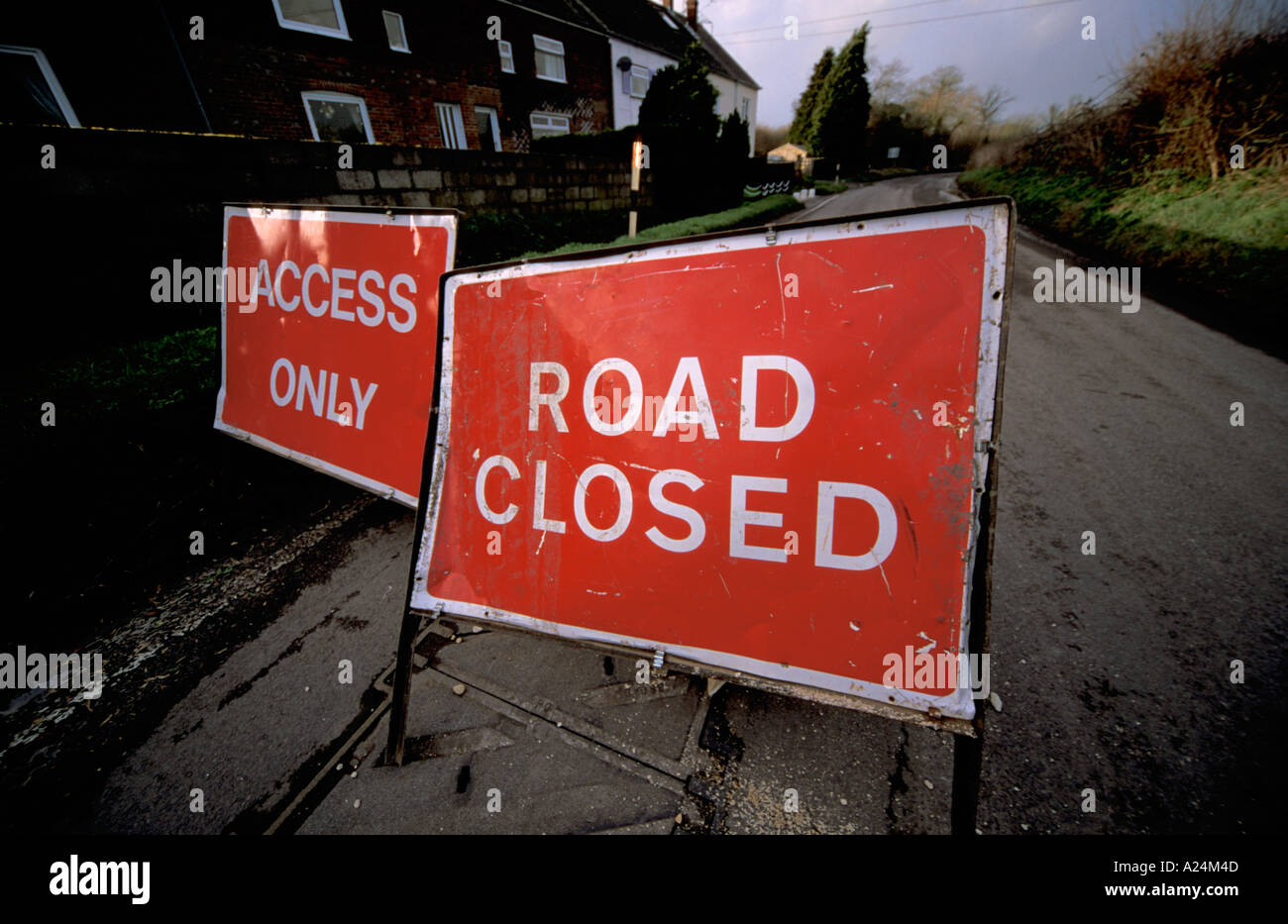 Access only road closed red signs road works up restricted no entry ...