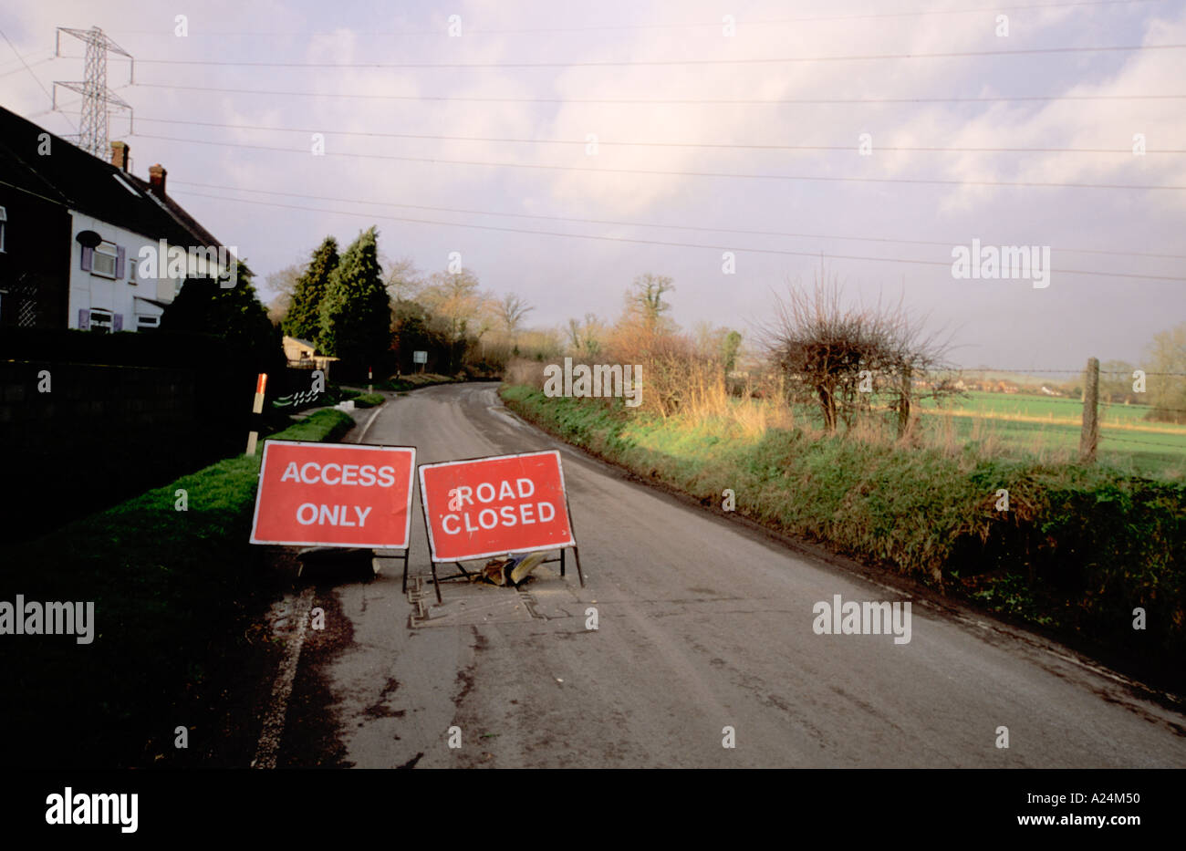 Access only road closed red signs road works up restricted no entry ...
