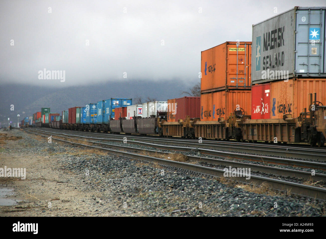 Container Train Passes at speed through Tehachapi California USA Stock ...