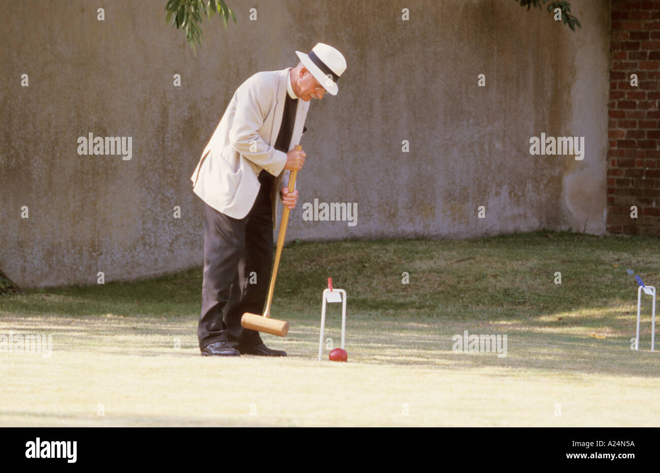Croquet game players in Victorian Dress Lawn Grass Hoop Ball Mallet Man ...