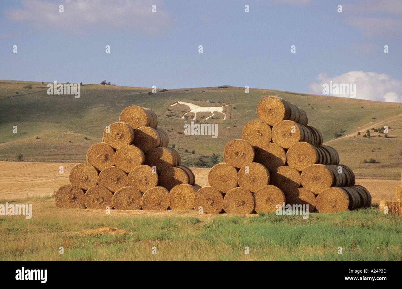 Alton Barnes Wiltshire England UK White Horse Crop Bail stack stacked ...