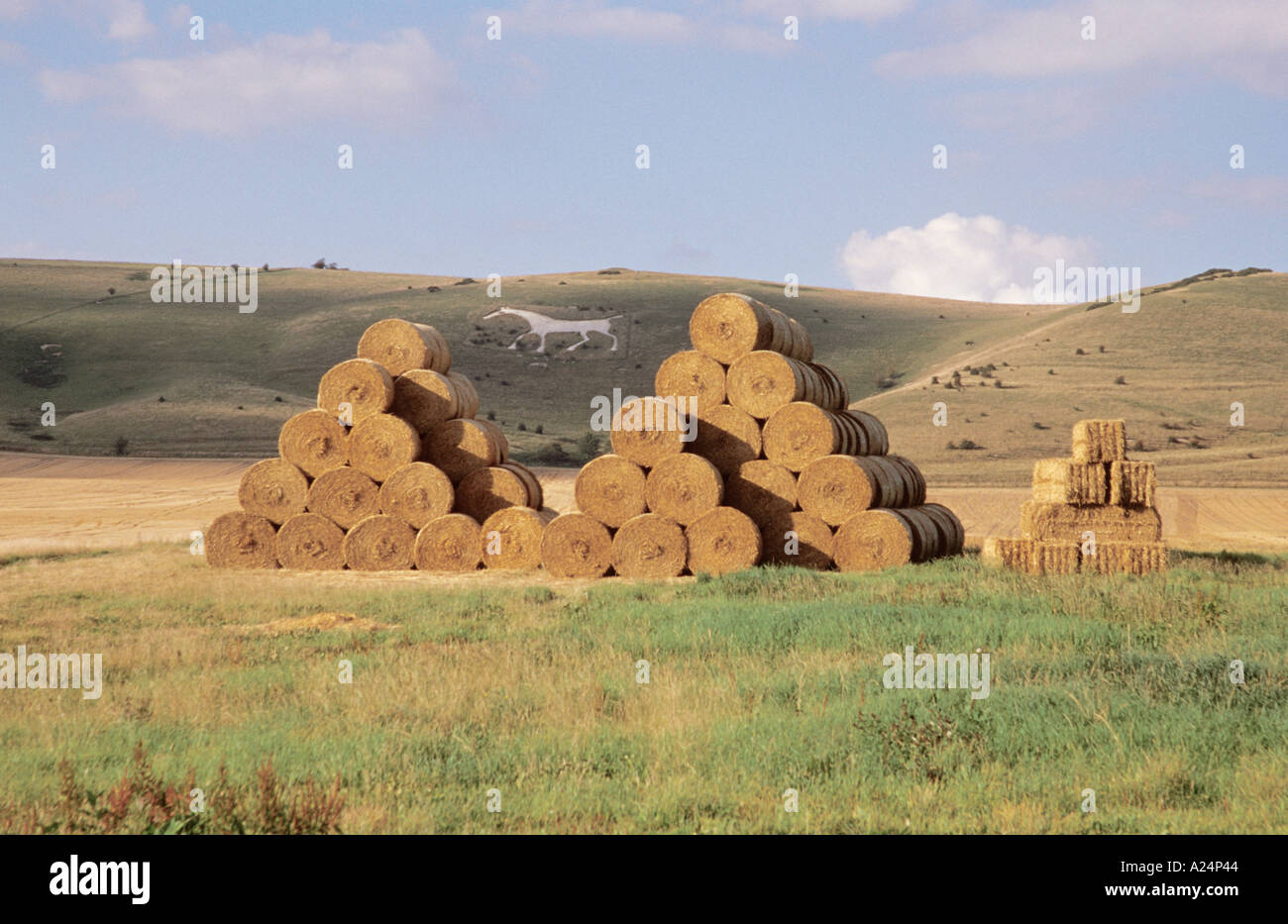 Alton Barnes Wiltshire England UK White Horse Crop Bail stack stacked ...