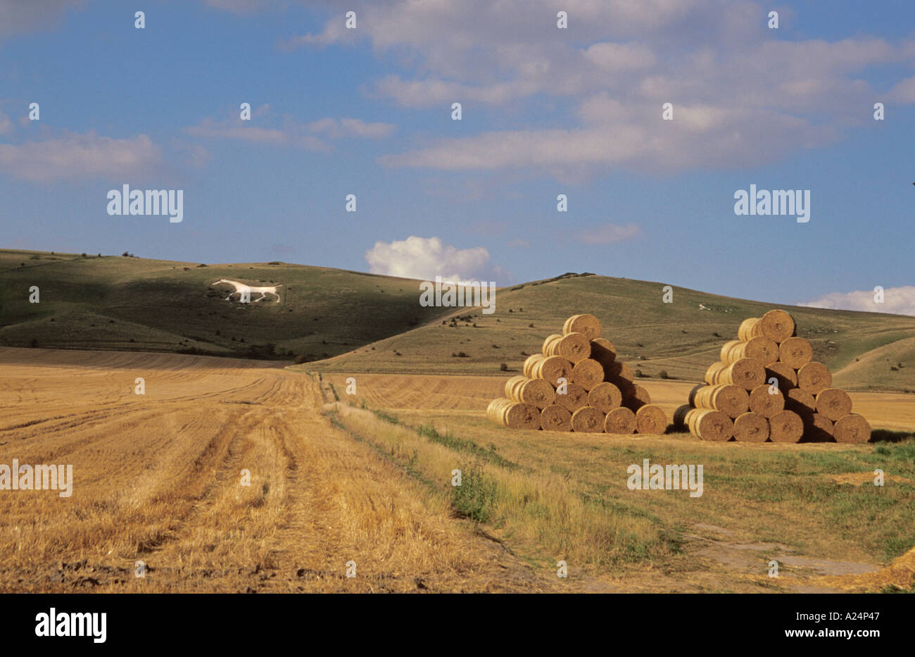 Alton Barnes Wiltshire England UK White Horse Crop Bail stack stacked ...