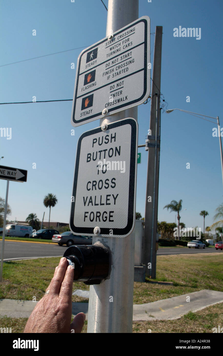 Instructions and directions on how to cross the street at a busy ...