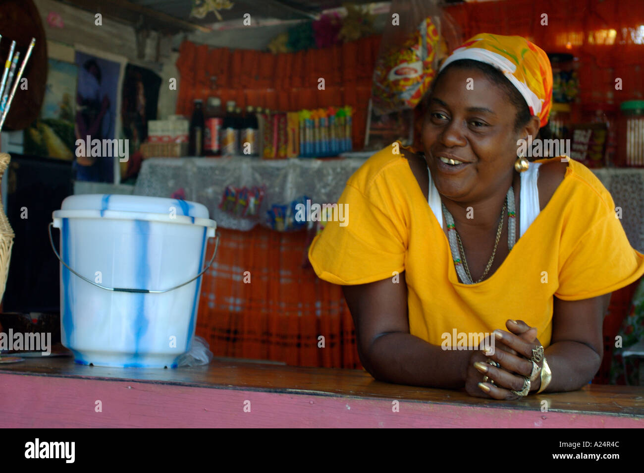 Portrait head and shoulders Black Grenadian woman in colourful attire ...