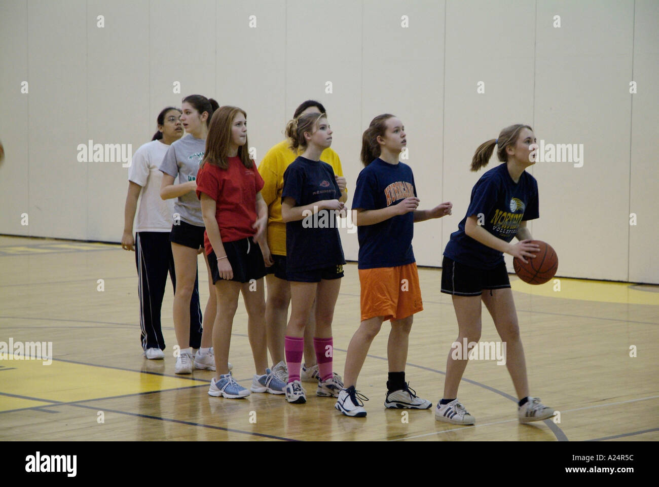 Female students interact in a group project in high school class room ...