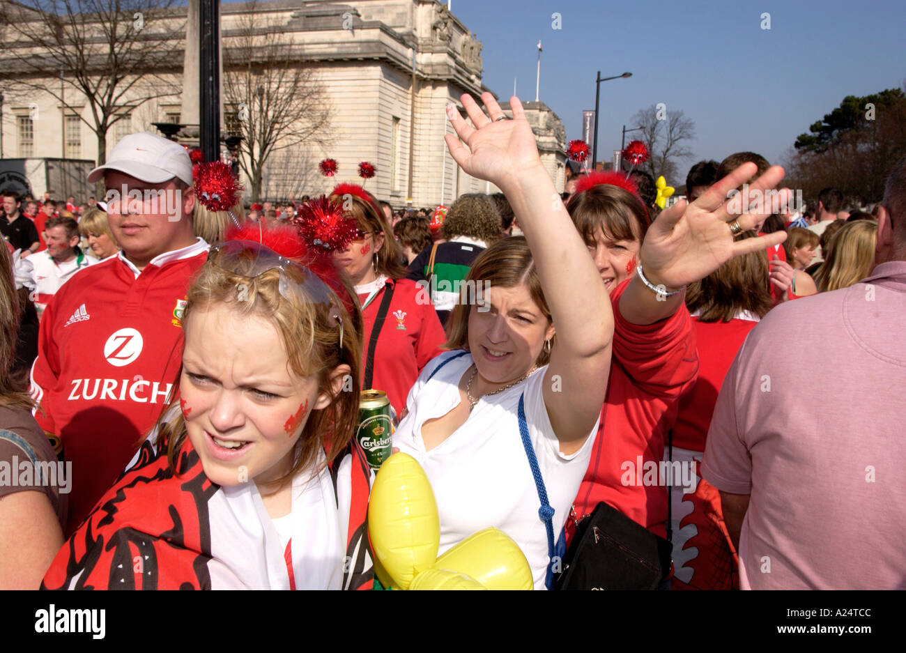 Welsh rugby fans outside in Cardiff celebrating a Six Nations ...