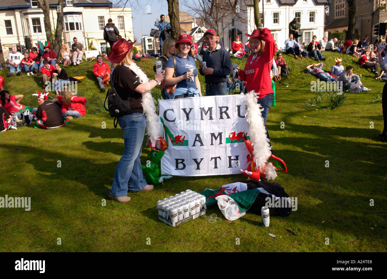 Welsh rugby fans outside in Cardiff celebrating a Six Nations ...