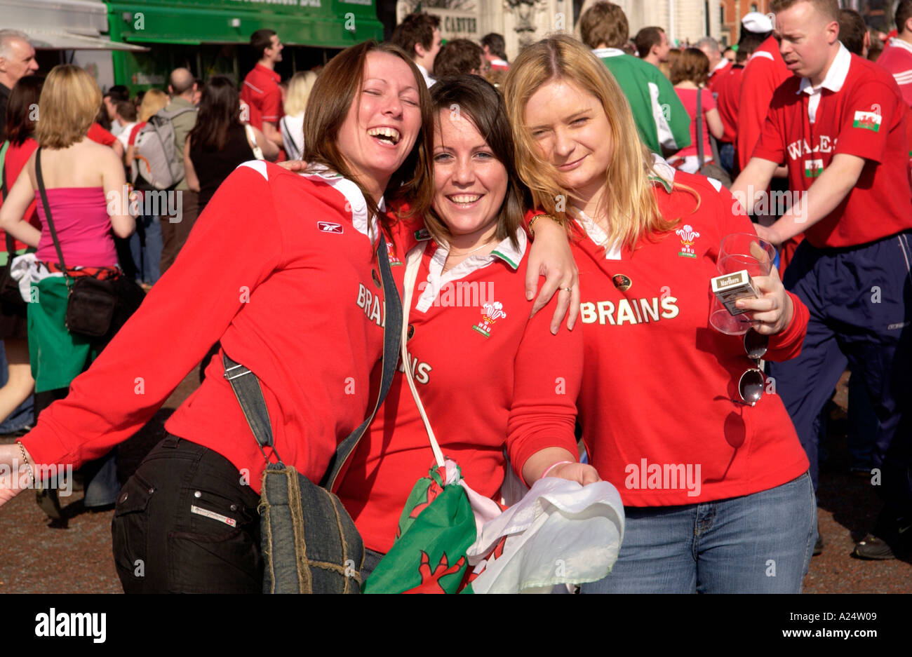 Welsh rugby fans outside in Cardiff celebrating a Six Nations ...