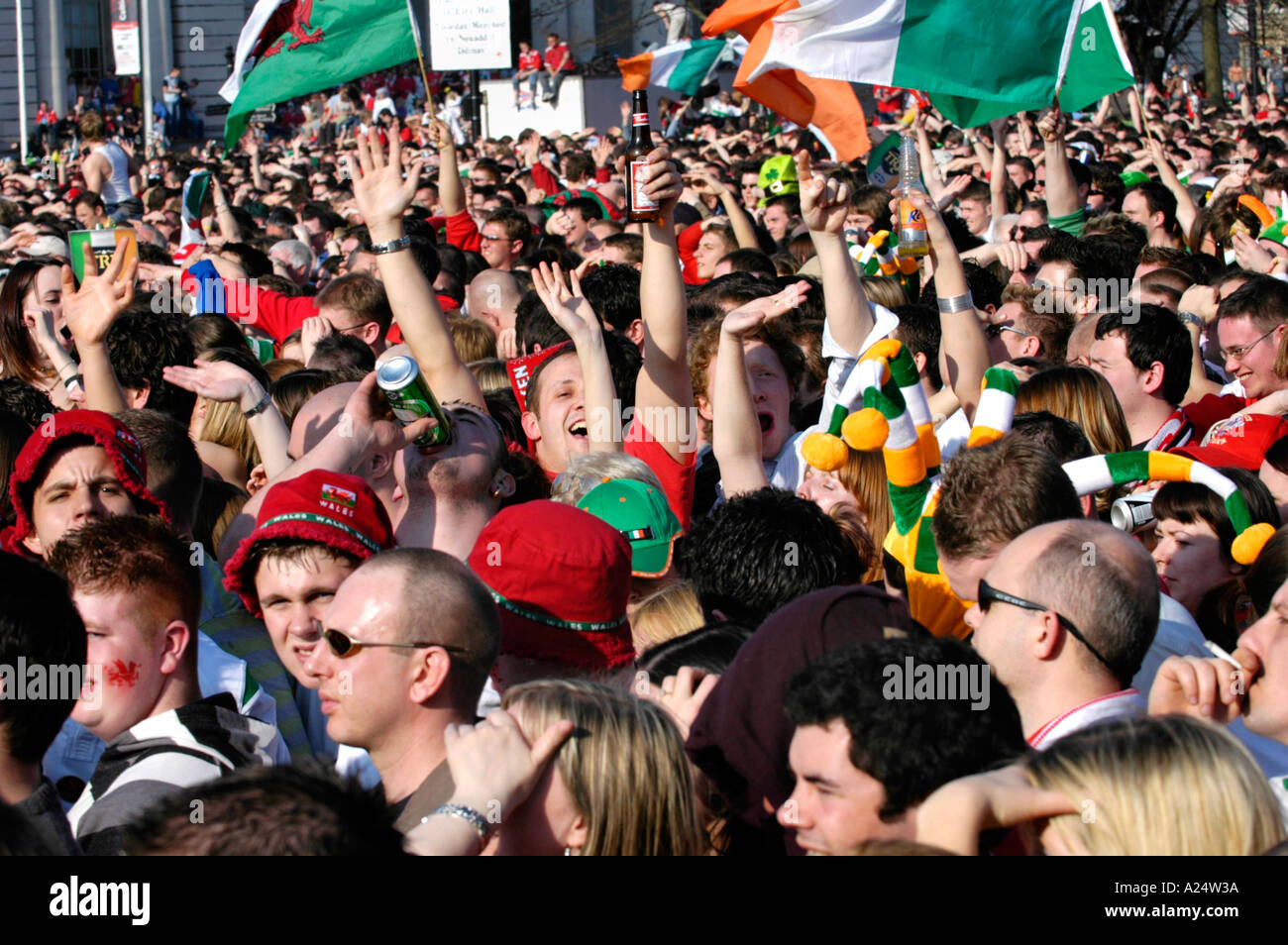 Welsh rugby fans outside in Cardiff celebrating a Six Nations ...